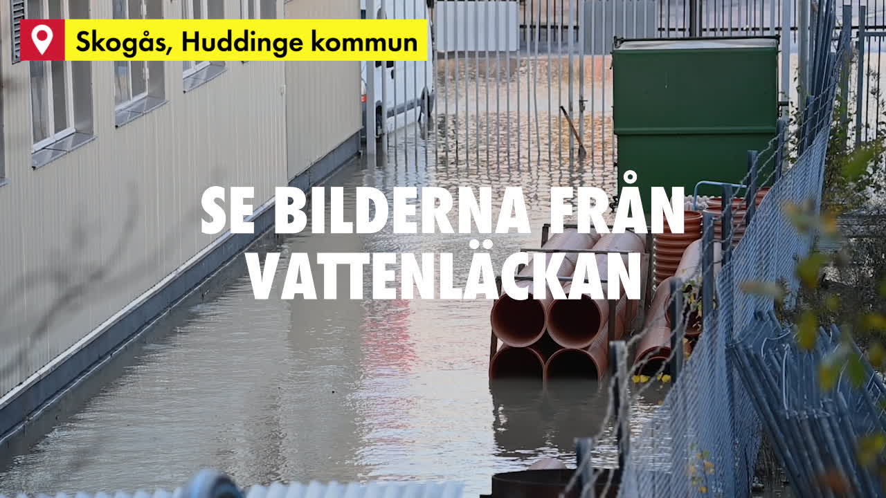 Brusten vattenledning i Huddinge – stor vattenläcka