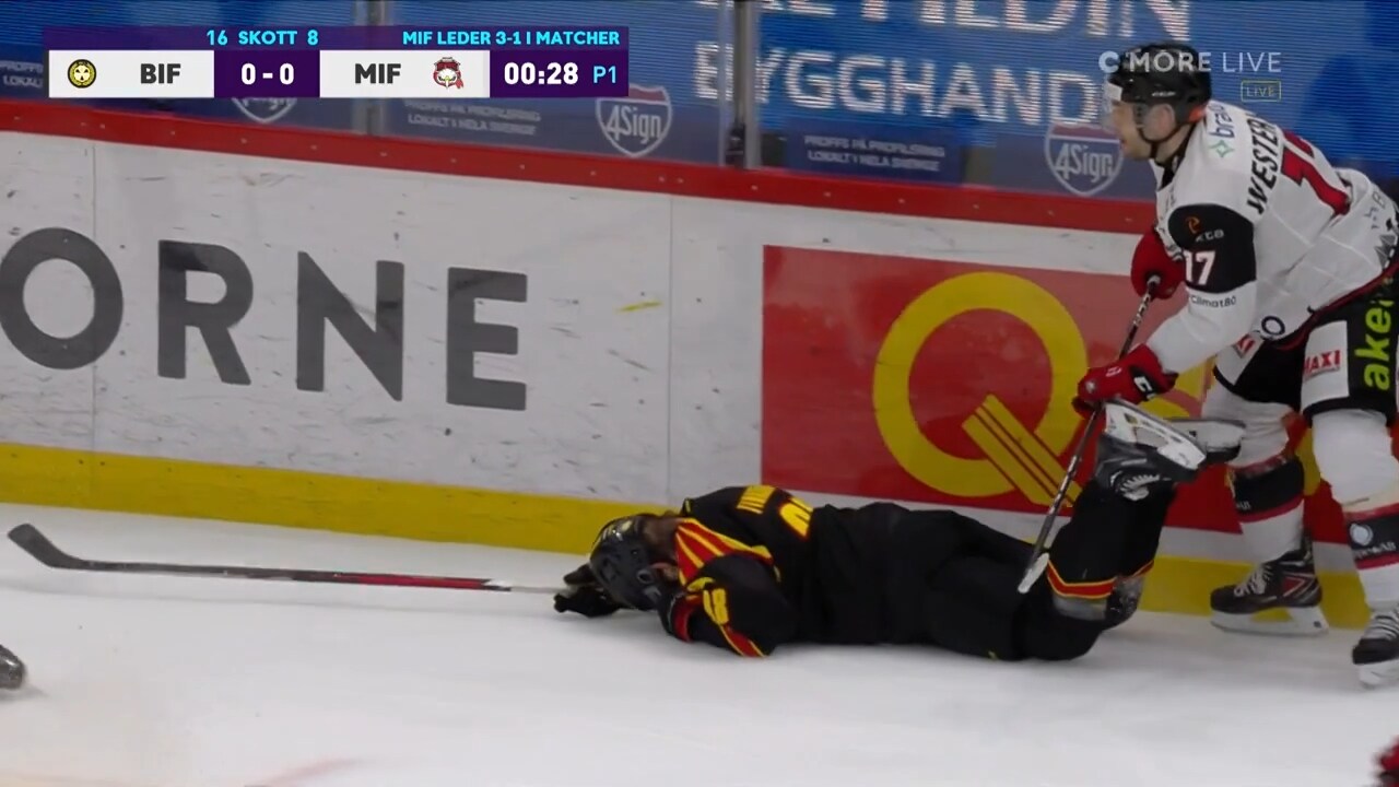 Brynäs Dmytro Timashov tacklas med huvudet rakt in i sargen ...